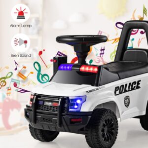 OLAKIDS Ride On Push Police Car, Toddler Foot-to-Floor Sliding Toy with Siren, Steering Wheel, Megaphone, Horn, Headlights, Under Seat Storage, Kids Racer Walking Gift for Boys Girls 1-3 (White)