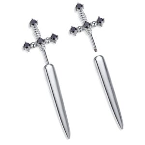 chaselov gothic earrings for women, sword earrings, goth dagger screw back earrings, cool mens earrings, fake gauge illusion jewelry, stainless steel 18g ear jacket earrings (silver)