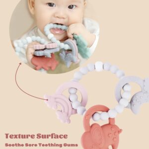 Teething Rings for Babies 0-6 6-12 Months Front and Molar Teething Relief Wearable Teether Bracelet Infant Toddler Chew Toys Ease of Grabbing, Elephant Rainbow Moon Shape, Baby Girl Gifts, BPA Free