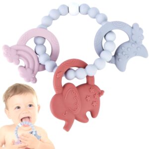 teething rings for babies 0-6 6-12 months front and molar teething relief wearable teether bracelet infant toddler chew toys ease of grabbing, elephant rainbow moon shape, baby girl gifts, bpa free