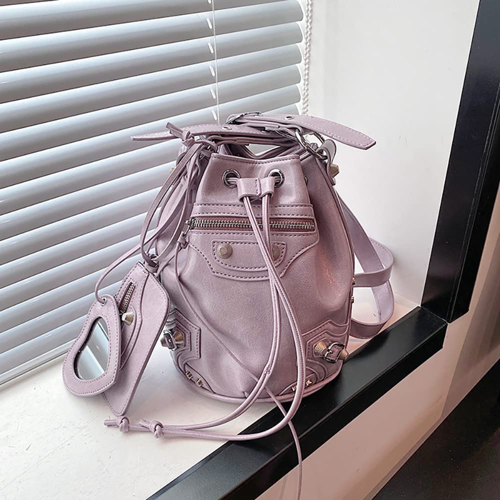 Large Capacity Bucket Bag Purses for Women, Cool Studded Punk Motocycle Crossbody Bag,PU Leather Drawstring Shoulder City Bag (Purple)