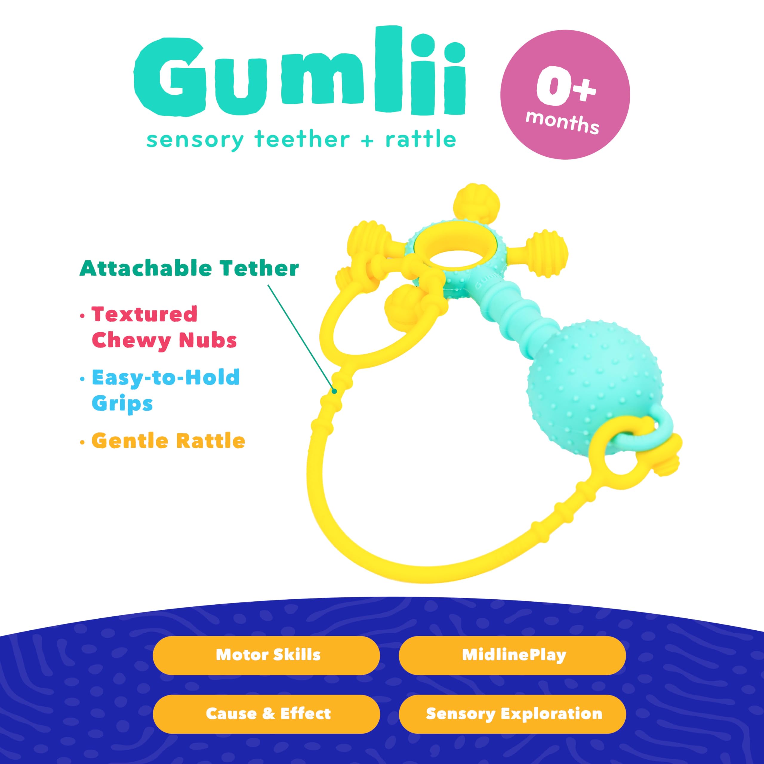 Mobi Gumlii Sensory Teether Baby Rattle Toy - Baby Teething Toy for Babies 0-6 Months, Newborn Baby Sensory Teether & Rattle Toy, Made with Food Grade Silicone, BPA and Phthalate Free - Pack of 1