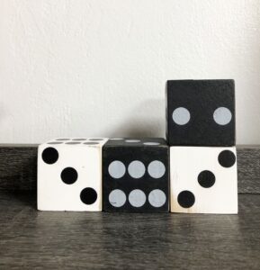 first of a kind large decorative mango wood dice, set of 4 - dice for tabletop, shelf & standing display - 2" four decorative dice set - farmhouse decor dice in black & white colors