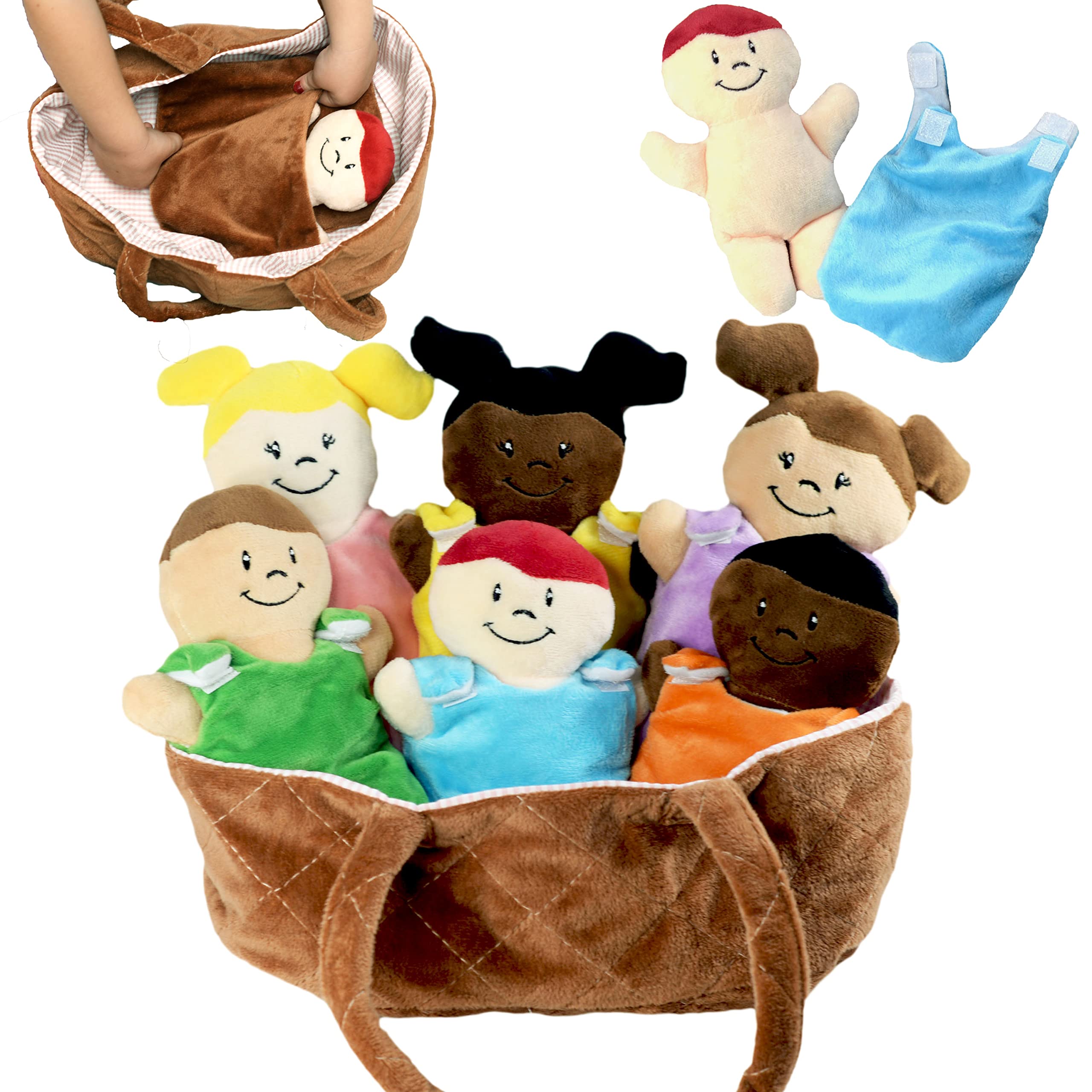 Basket of Babies Plush Baby Doll Set with Removable Clothing - Multicultural Diversity Baby Doll Toys for Boys and Girls with 6 Soft Baby Dolls, Interchangeable Clothing, Basket, Pillow, and Blanket