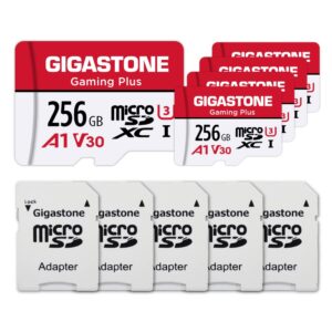 gigastone 256gb 5-pack micro sd card, gaming plus, nintendo-switch compatible, r/w 100/60mb/s, 4k video recording, micro sdxc uhs-i a1 u3 class 10, with adapters