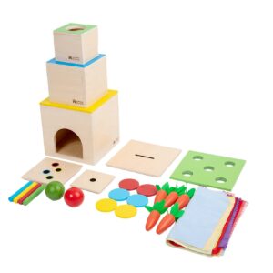 adena montessori 6 in 1 play kit toy- 3 nesting & stacking boxes, object permanence drop game, coin box, carrot harvest,tissue box,sticks matching game for 6-12 months 1 year old toddlers 2 year