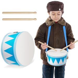 kids drum set 7.87 in wooden toy drum with adjustable strap 2 drumsticks educational sensory musical instrument drum set for toddlers kids baby toy gift (blue triangle style)