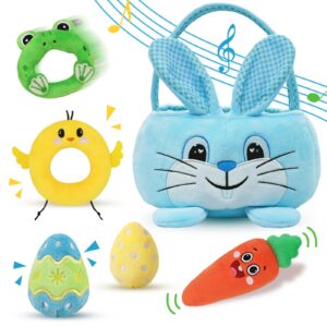 treory baby's first easter basket playset, 6ct stuffed plush easter basket with blue bunny chick carrot egg frog baby easter basket stuffers toys easter gifts for boys kids easter decorations