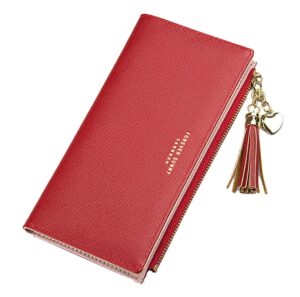 yajama women wallet long pu leather solid credit card case holder organizer zipper coins purse cellphone pouch with tassel (red)