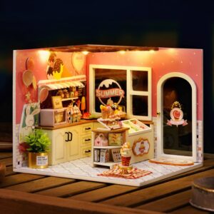 TuKIIE DIY Miniature Dollhouse Kit with Furniture, 1:24 Scale Creative Room Mini Wooden Doll House Accessories Plus Dust Proof for Kids Teens Adults(Ice Cream Shop)