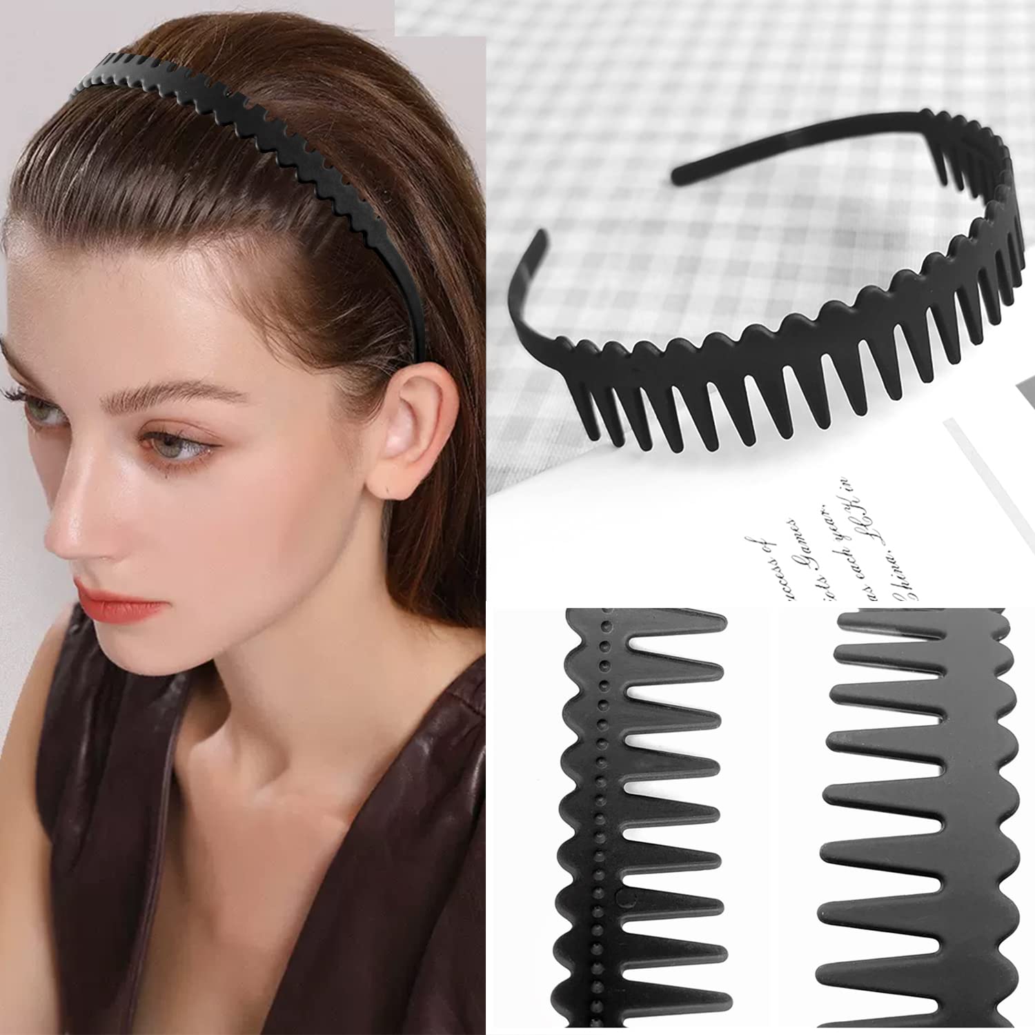 LAPOHI 8 PCS Non Slip Fashion Effortless Plastic Headbands with Teeth Comb Skinny Hair Bands for Women Men Teen Girls (Matte Black)