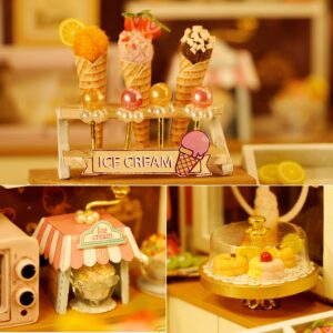 TuKIIE DIY Miniature Dollhouse Kit with Furniture, 1:24 Scale Creative Room Mini Wooden Doll House Accessories Plus Dust Proof for Kids Teens Adults(Ice Cream Shop)