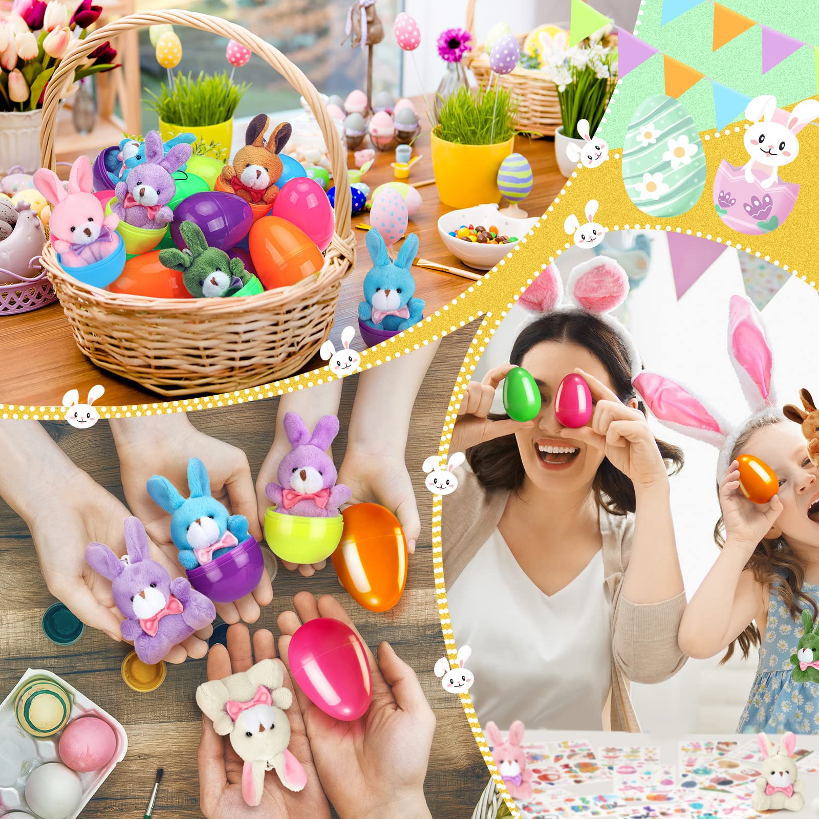 Hungdao 84 Set Filled Easter Eggs Bulk with Plush Bunny Easter Stickers Colorful Stuffed Plastic Easter Eggs with Toys Inside Easter Basket Fillers for Kids Toddlers Easter Party Favor Surprise Gifts