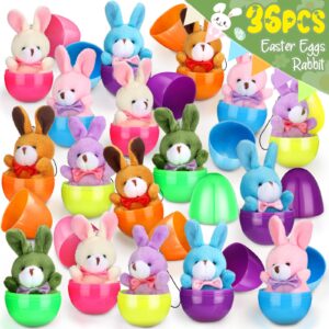 Hungdao 84 Set Filled Easter Eggs Bulk with Plush Bunny Easter Stickers Colorful Stuffed Plastic Easter Eggs with Toys Inside Easter Basket Fillers for Kids Toddlers Easter Party Favor Surprise Gifts