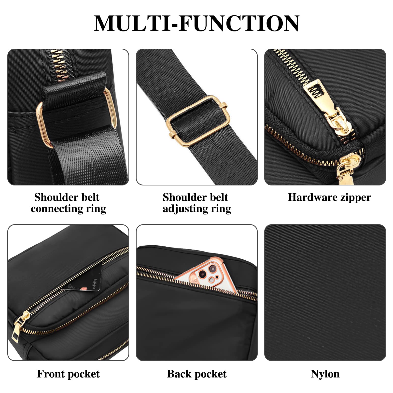 WITERY Nylon Crossbody Bags for Women - Waterproof Multi Pockets Travel Shoulder Bag Handbags, Lightweight Zipper Mini Purse Phone Bag Pouch with Adjustable Strap