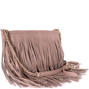 front and back both side fringed soft pu leather medium long cross body messenger shoulder bag (taupe)