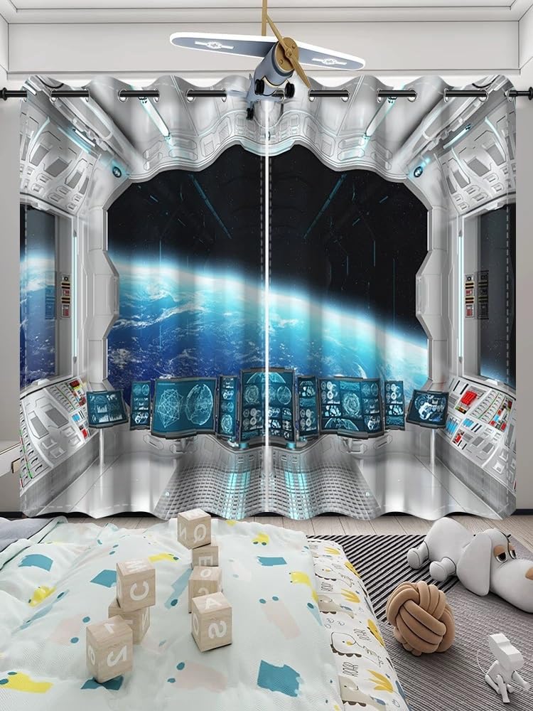 Umpoo Spaceship Window View Blackout Curtains for Living Room Decor Outer Space Moon Surface Futuristic Science Fiction Kids Bedroom Window Drapes Treatment Fabric Set of 2 Panels, 42x63 Inch