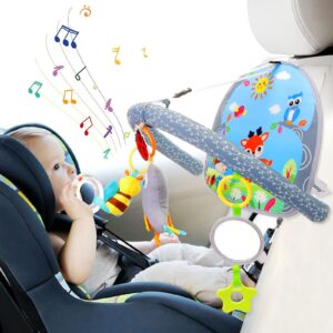 infant car seat toys for babies 0-6 months: travel baby toy for rear car seat, adjustable mobile activity arch with music, sensory hanging toy fits safety car seats, crib, stroller (multi-color)