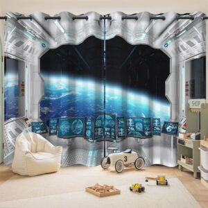 umpoo spaceship window view blackout curtains for living room decor outer space moon surface futuristic science fiction kids bedroom window drapes treatment fabric set of 2 panels, 42x63 inch