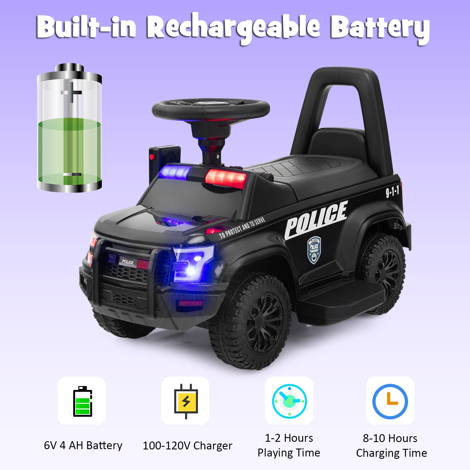 HONEY JOY Electric Ride on Push Car, 6V Foot-to-Floor Cop Push Cars for Toddlers, Megaphone, Lights, Siren, Under Seat Storage, Battery Powered Ride On Police Car for Kids Boys Girls 1-3, Black