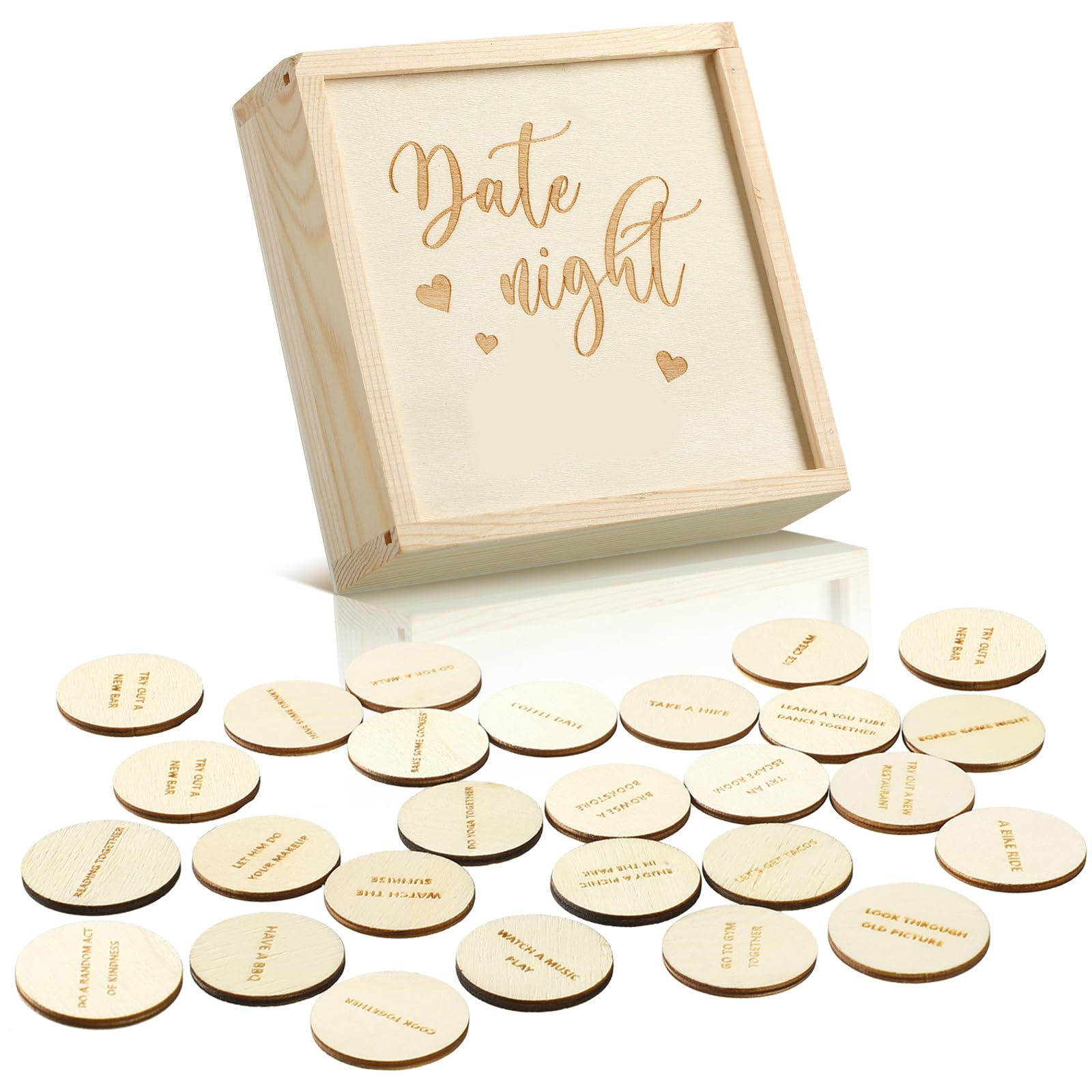 Amyhill 25 Pieces Wooden Date Box with 25 Tokens Date Fun Gift Date Indoor and Outdoor Games Couples Games Gift for Couples Activities, Wedding Anniversary, Valentine's Day (Round)