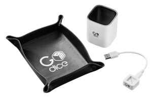 gocube godice accessory bundle - usb charger, dice cup, & unique foldable dice tray to enhance your playing experience at home or on the go. a perfect add on for godice owners & games