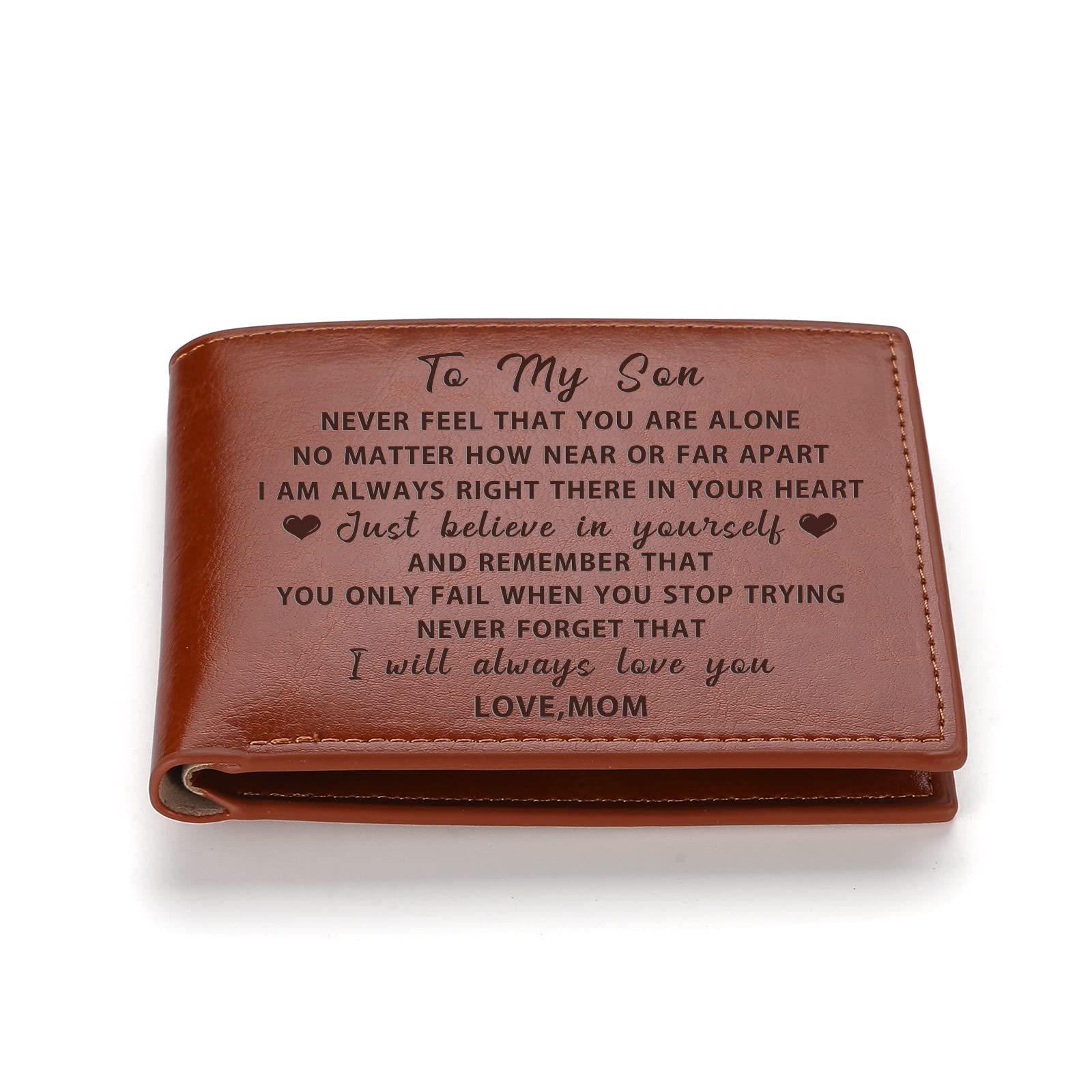 To My Son Gift Leather Wallet Engraved Personalized Leather Wallet Birthday Gifts,Graduation Gift from Mom,Christmas Gift to Son Customized Gift(never feel son)