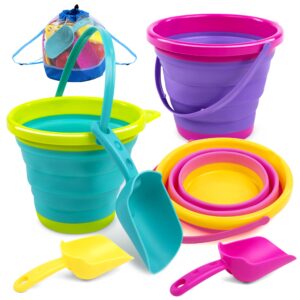 joyin foldable beach bucket set - 3 packs collapsible toy buckets with shovels and mesh backpack for kids toddlers party, camping gear, travelling, fishing water pail (pink/purple/green)