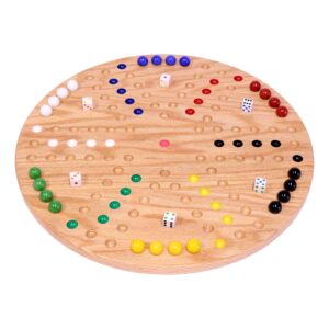 amishtoybox.com wahoo marble game board set - round 18" wide marbles game - solid oak wood - double-sided - with large 18mm marbles and dice included