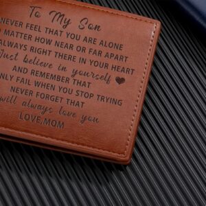 To My Son Gift Leather Wallet Engraved Personalized Leather Wallet Birthday Gifts,Graduation Gift from Mom,Christmas Gift to Son Customized Gift(never feel son)