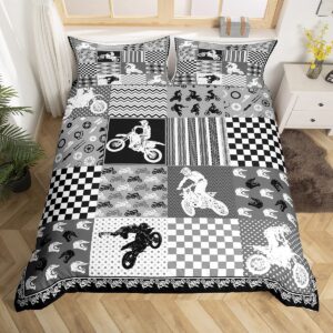 motorbike bedding set,white gray geometry grid duvet cover for kids teen boys girls,motorcycle illustration comforter cover decorative room,dirt bike quilt cover with 2 pillowcases,king size