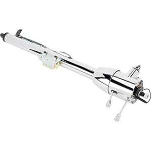 universal gm tilt steering column, 30" chrome finish, floor shift, 5-position tilt, integrated turn signal & hazard switch, compatible with '69-'94 gm specs, includes ignition, keys, & billet levers