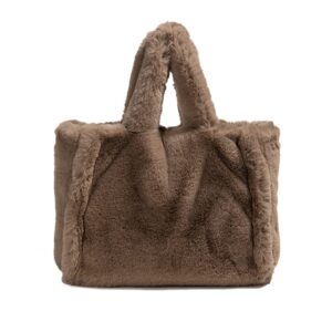 large fluffy fuzzy tote bag furry purse faux fur totes shoulder bags women plush handbag cute winter fashion purses (khaki)