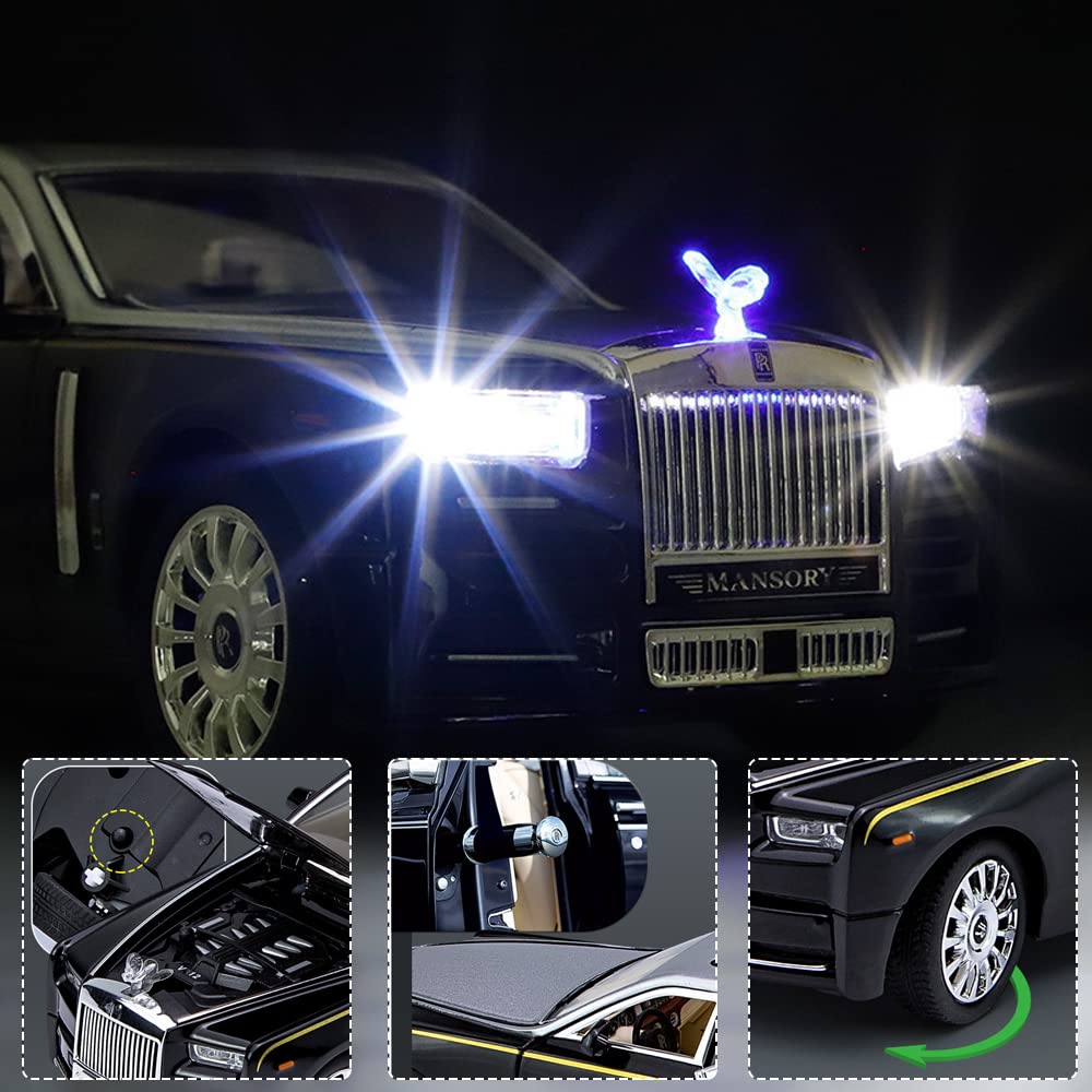 1/24 Diecast Car Model Rolls-Royce Phantom Toy Car, Alloy Collectible Phantom Replica Pull Back Model Car Vehicles with Sound and Light for Kids Boys Girls Birthday Gift