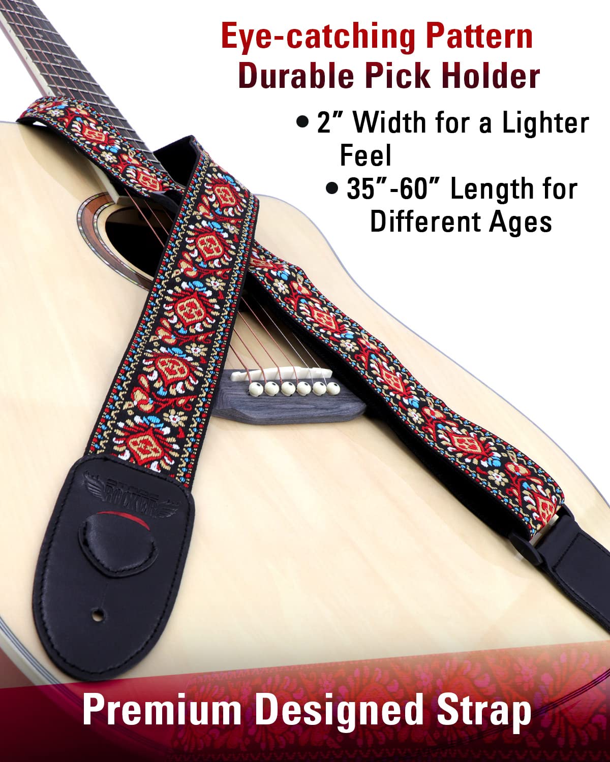 Stage Rocker Guitar Accessories Gift Box for Acoustic and Electric Guitars, Red Jacquard Weave Guitar Strap, Picks, Capo, Tuner, Cleaning Cloth, 5-in-1 Essential Gift