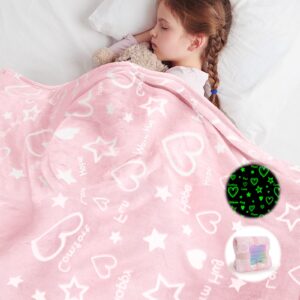 glow in the dark pink heart stars throws blanket, 50 x 60 in soft warm cozy blanket for girls birthday gift for baby kid 3-12 age girls and boys blanket bedding camping