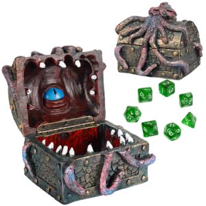 dnd mimic & octopus chest box with polyhedral mystery dice set - medieval resin cthulhu dice storage case perfect for dungeons and dragons, board game, tabletop rpg and gaming accessories