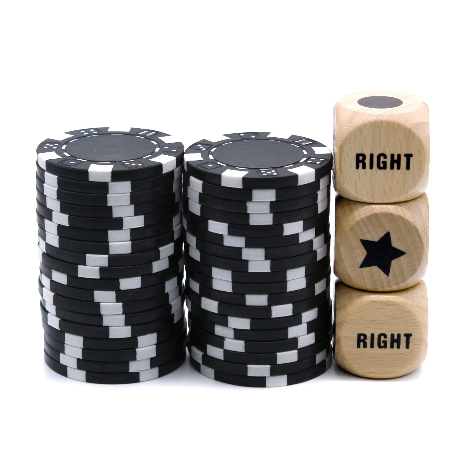 Bilywey Upgrade Left Right Center Dice Game Set with 3Pcs Beech Wood Dices + 36Pcs 11.5g Poker Chips (Black)