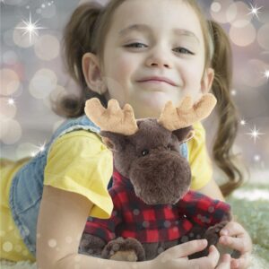 DolliBu Plush Moose with Red Plaid Hoodie - Soft Huggable Wild Life Moose, Adorable Playtime Zoo Moose Plush with Clothes, Cute Wildlife Cuddle Gift for Kids and Adults