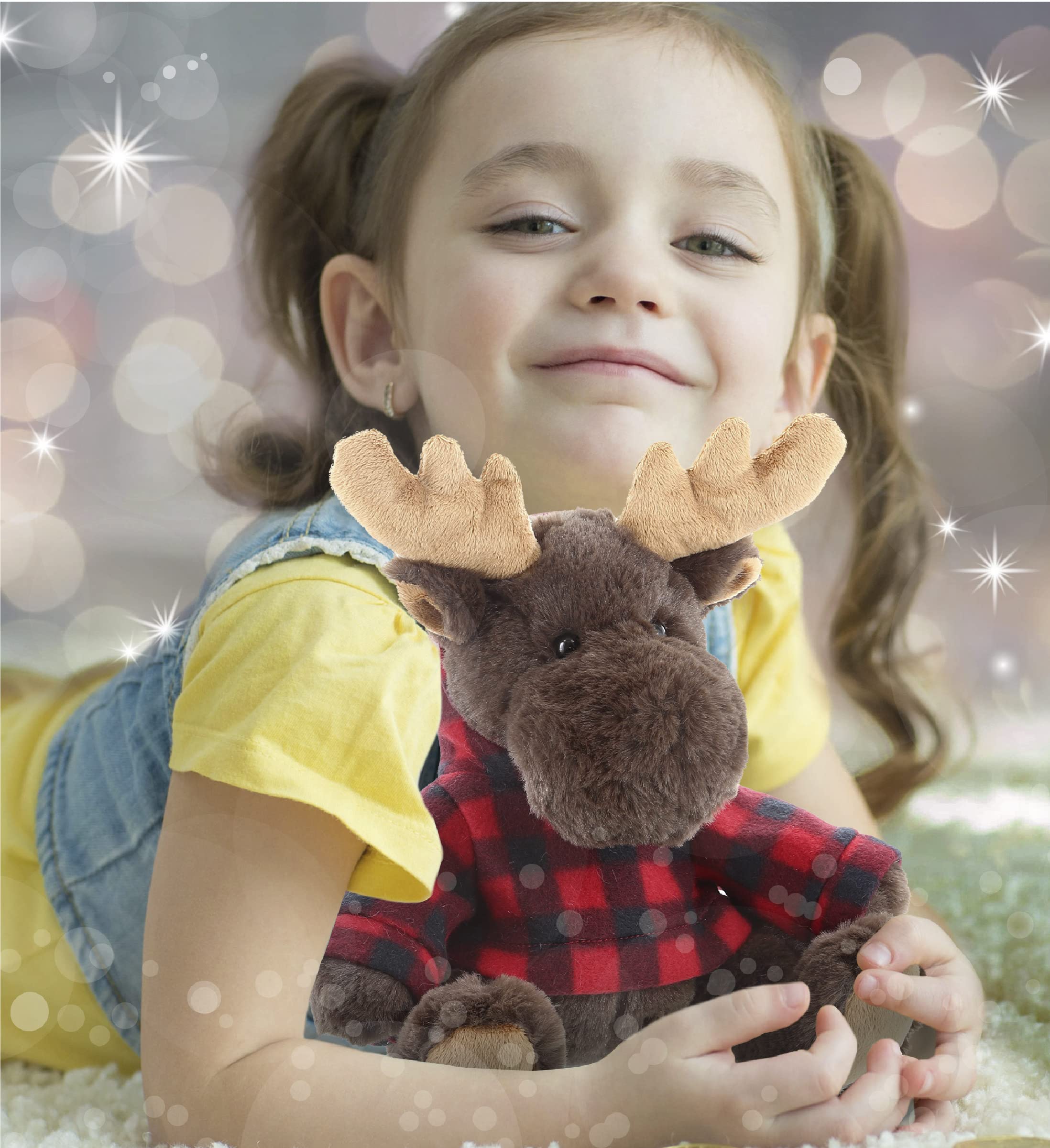 DolliBu Plush Moose with Red Plaid Hoodie - Soft Huggable Wild Life Moose, Adorable Playtime Zoo Moose Plush with Clothes, Cute Wildlife Cuddle Gift for Kids and Adults