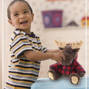 DolliBu Plush Moose with Red Plaid Hoodie - Soft Huggable Wild Life Moose, Adorable Playtime Zoo Moose Plush with Clothes, Cute Wildlife Cuddle Gift for Kids and Adults