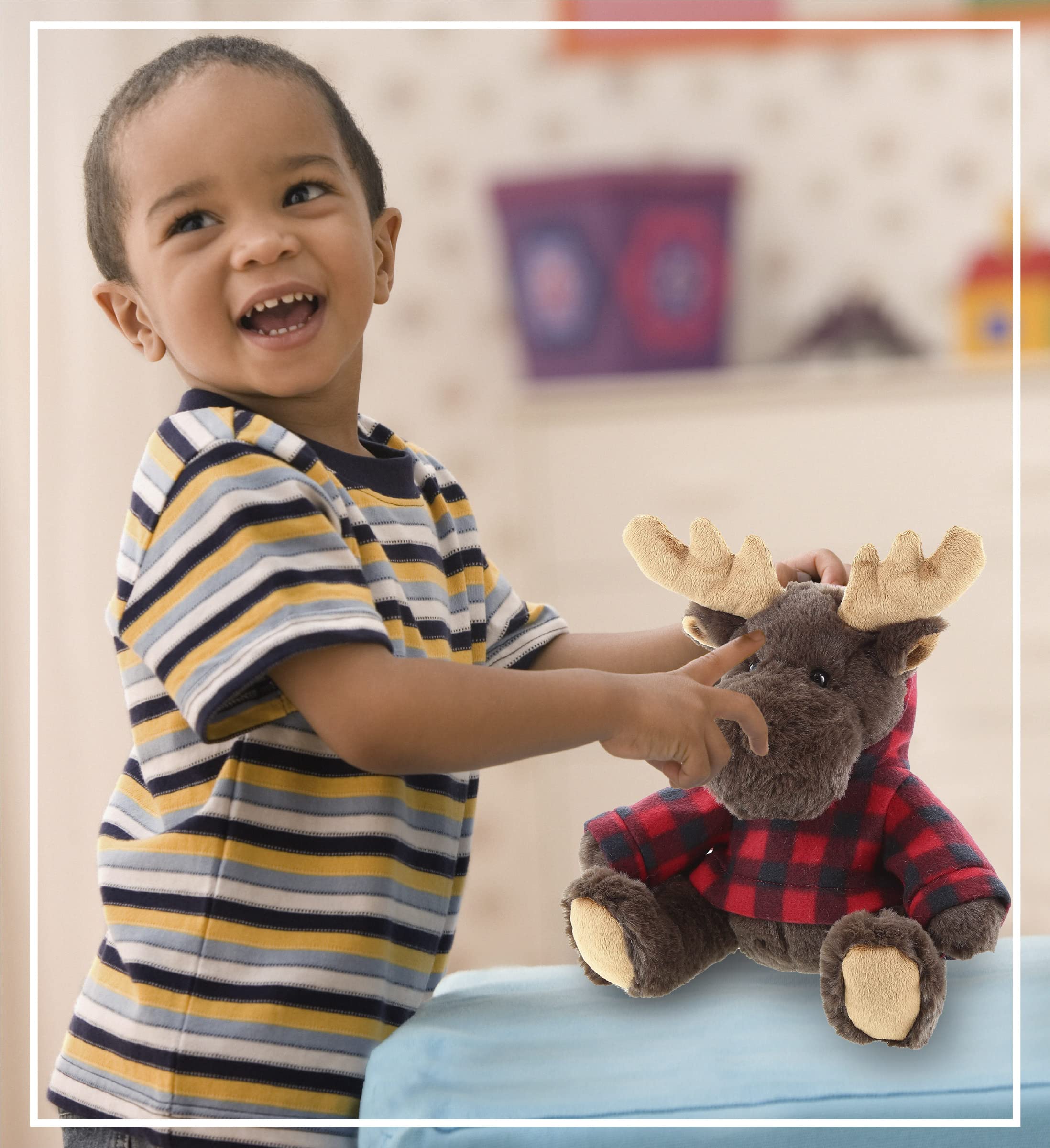 DolliBu Plush Moose with Red Plaid Hoodie - Soft Huggable Wild Life Moose, Adorable Playtime Zoo Moose Plush with Clothes, Cute Wildlife Cuddle Gift for Kids and Adults