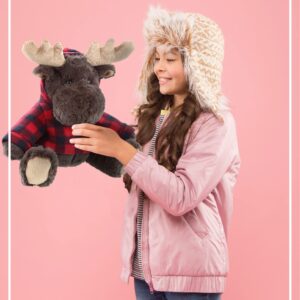 DolliBu Plush Moose with Red Plaid Hoodie - Soft Huggable Wild Life Moose, Adorable Playtime Zoo Moose Plush with Clothes, Cute Wildlife Cuddle Gift for Kids and Adults