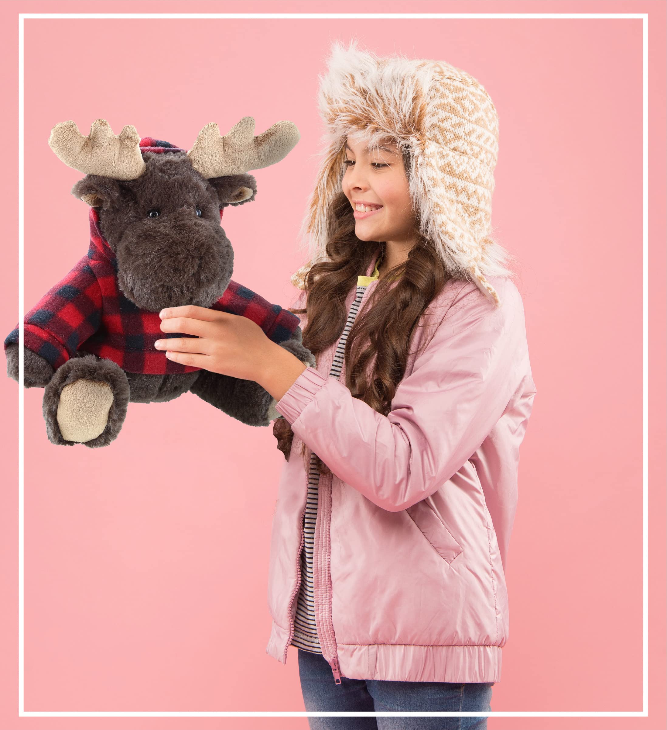 DolliBu Plush Moose with Red Plaid Hoodie - Soft Huggable Wild Life Moose, Adorable Playtime Zoo Moose Plush with Clothes, Cute Wildlife Cuddle Gift for Kids and Adults