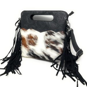 Texas West Western Women's Genuine Leather Cowhide Cowfur Fringe Crossbody Bag in 3 Colors Medium/Large (Large Black)