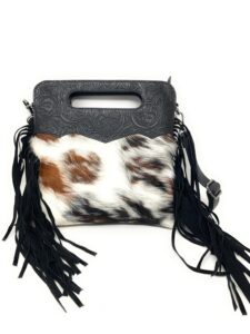 texas west western women's genuine leather cowhide cowfur fringe crossbody bag in 3 colors medium/large (large black)