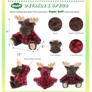 DolliBu Plush Moose with Red Plaid Hoodie - Soft Huggable Wild Life Moose, Adorable Playtime Zoo Moose Plush with Clothes, Cute Wildlife Cuddle Gift for Kids and Adults