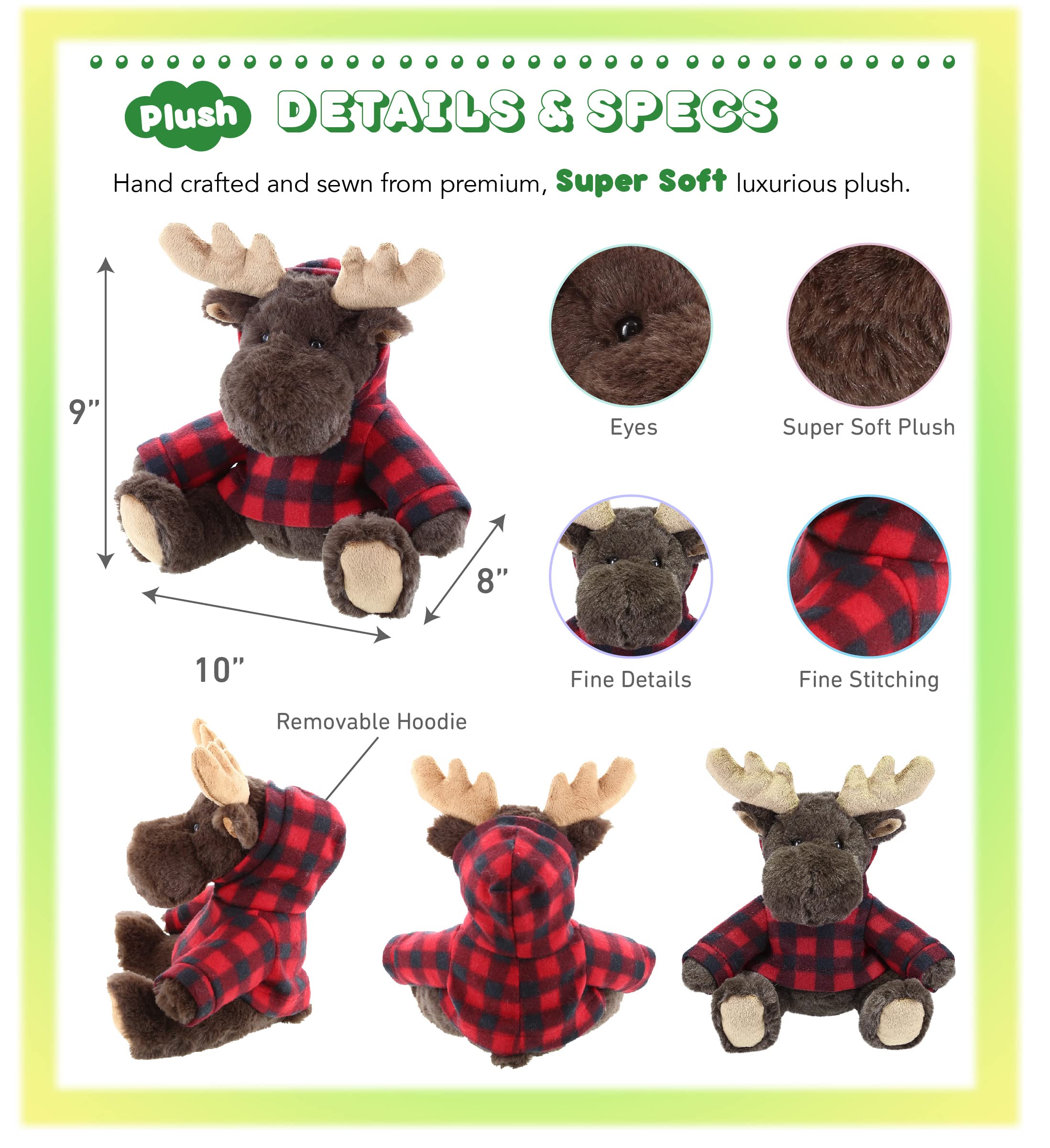 DolliBu Plush Moose with Red Plaid Hoodie - Soft Huggable Wild Life Moose, Adorable Playtime Zoo Moose Plush with Clothes, Cute Wildlife Cuddle Gift for Kids and Adults