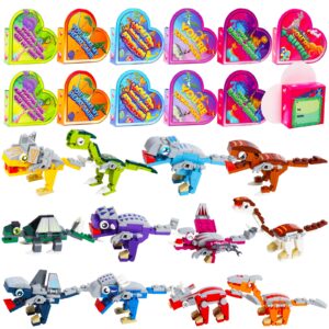 lumiparty 12 packs valentines dinosaur building blocks toys with heart boxes for valentine kids classroom exchange, prize supplies, valentine’s gifts exchange school rewards