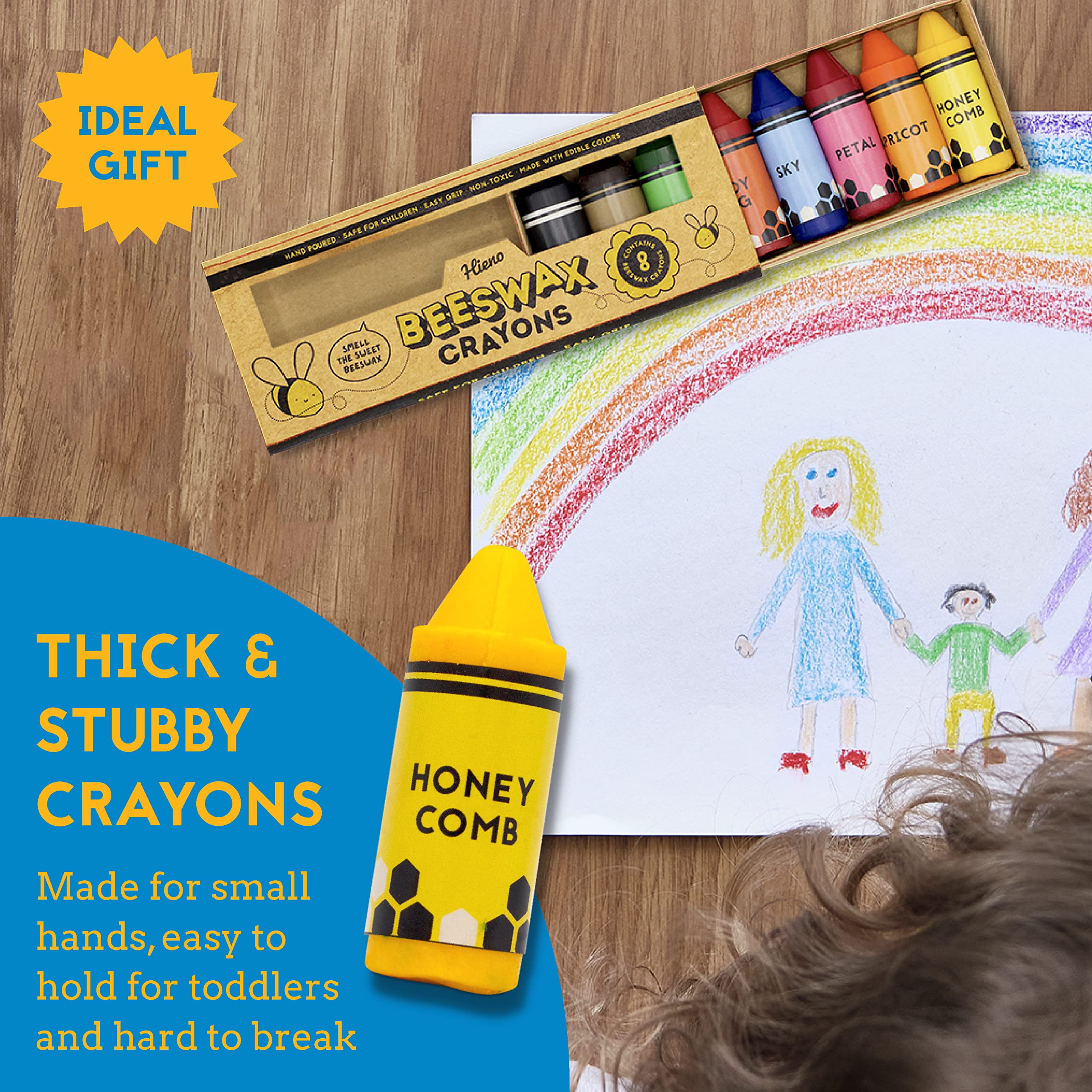 Hieno 100% Pure Beeswax Crayons Non Toxic Handmade - Natural Jumbo Crayons Safe For Kids & Toddlers With Natural Food Coloring - Crayon For Toddlers Shaped For Perfect Grip (Rounded) - Toddler Colors